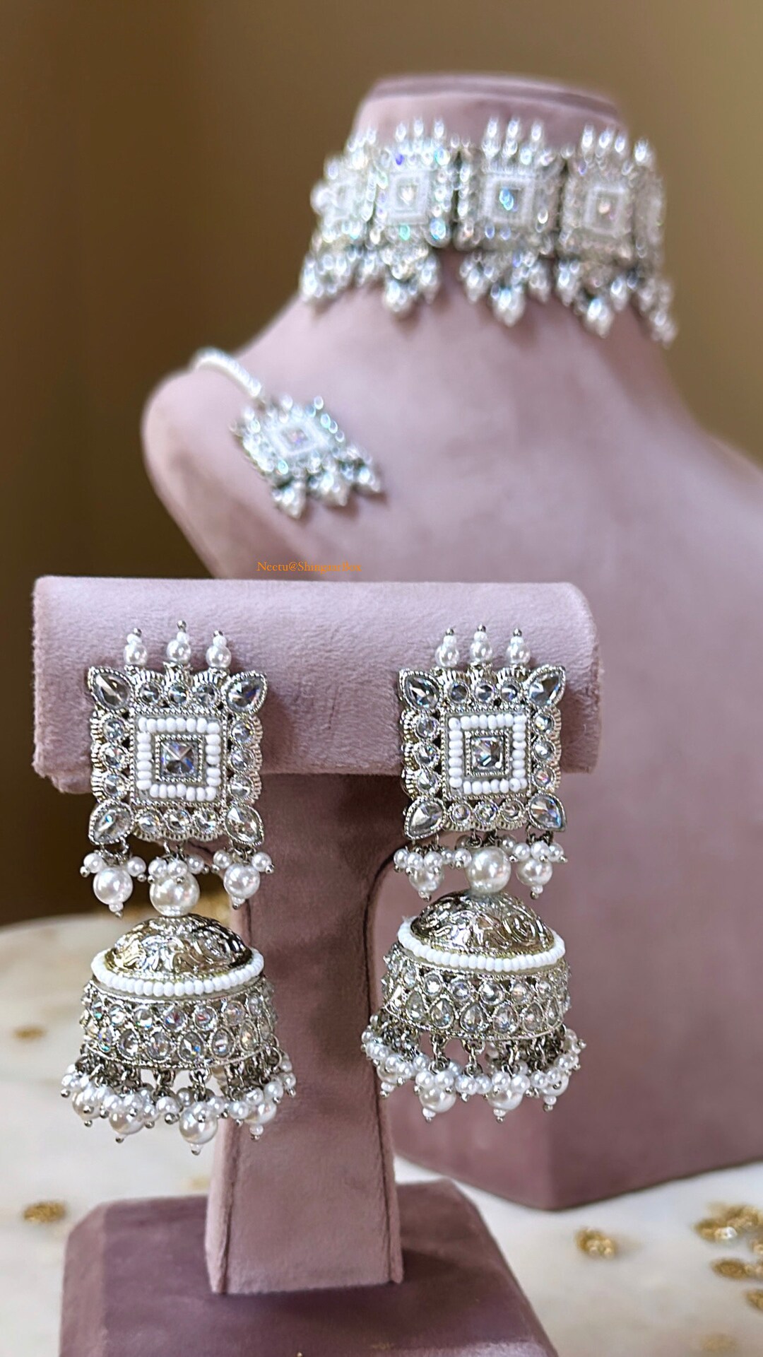 Silver Finish Polki Choker Set White Moti/beads/pearls Jhumki Earrings ...