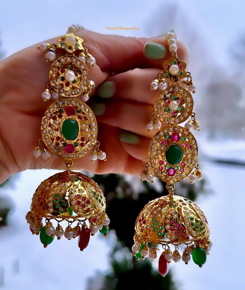 Oversized Punjabi Traditional Jadau/ruby Pink/green Stones Moti Tikka ...