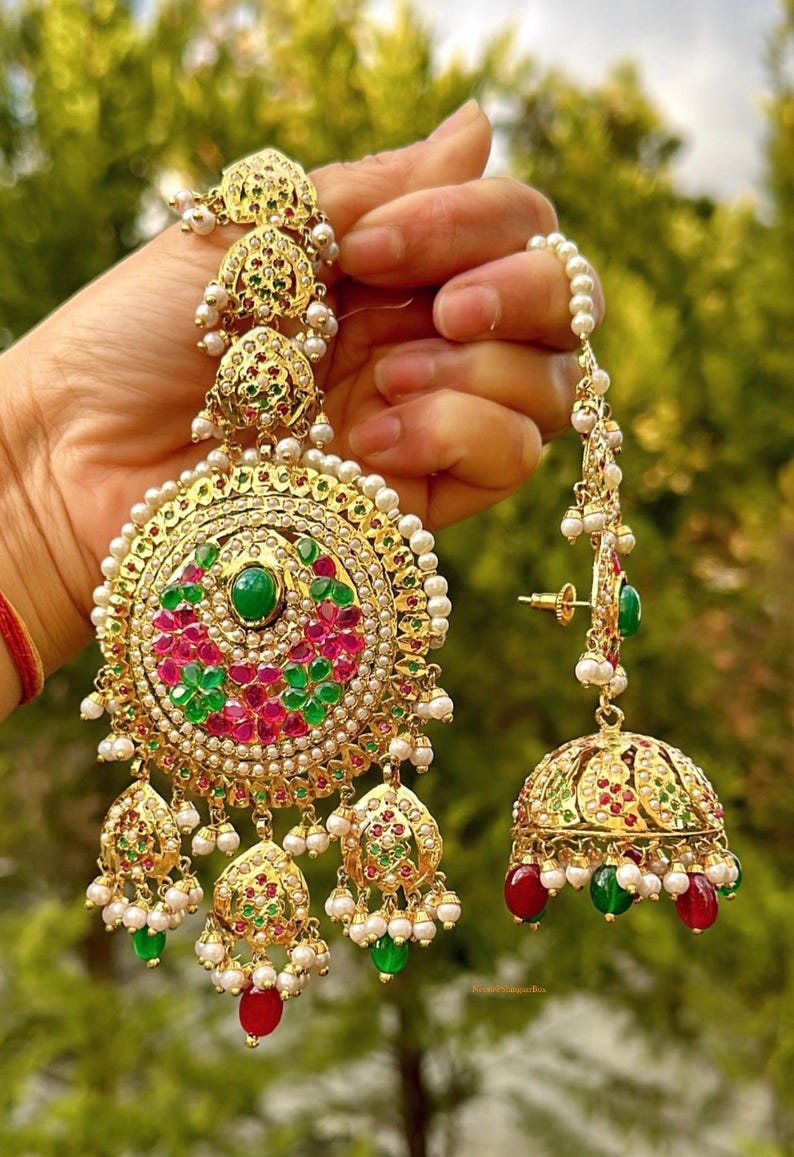 Oversized Punjabi Traditional Jadau/ruby Pink/green Stones Moti Tikka ...