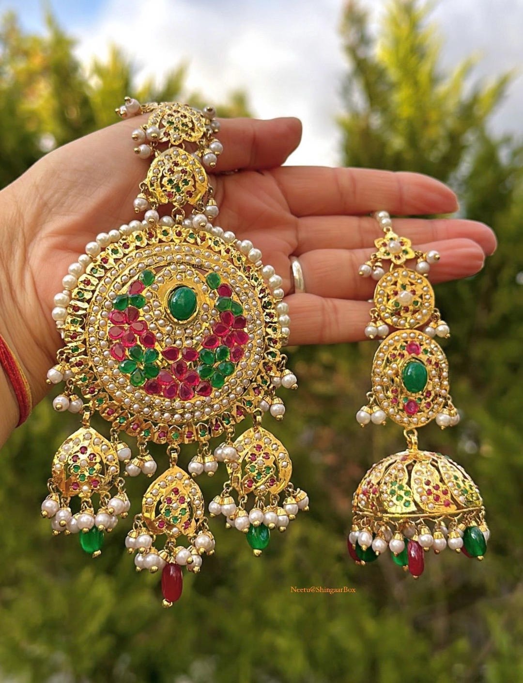 Oversized Punjabi Traditional Jadau/ruby Pink/green Stones Moti Tikka ...