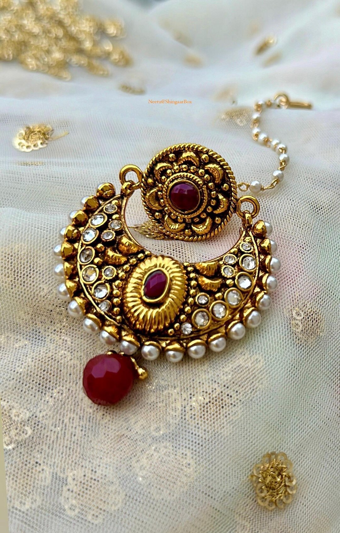 Traditional Rajasthani Chand Bor/borla Tikka Antique Gold Finish/red ...