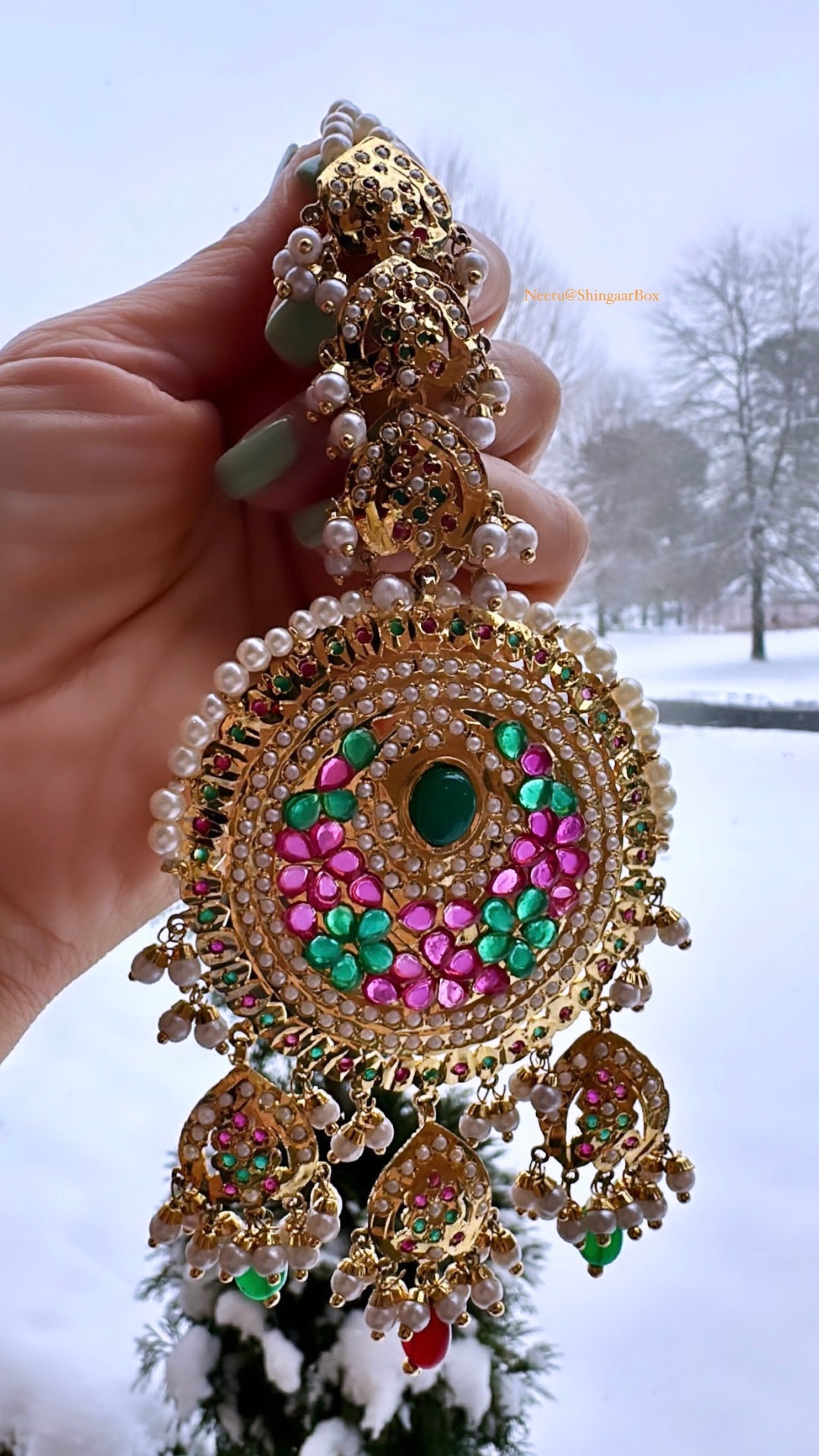 Oversized Punjabi Traditional Jadau/ruby Pink/green Stones Moti Tikka ...