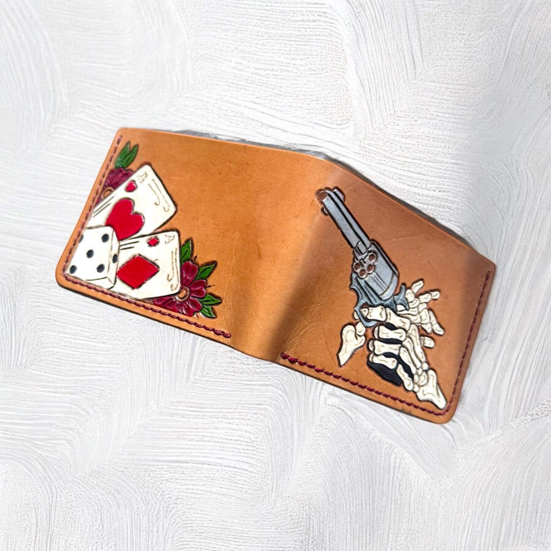 Skeleton Hand Gun Playing Cards Tooled Leather Western Bi Fold Wallet ...