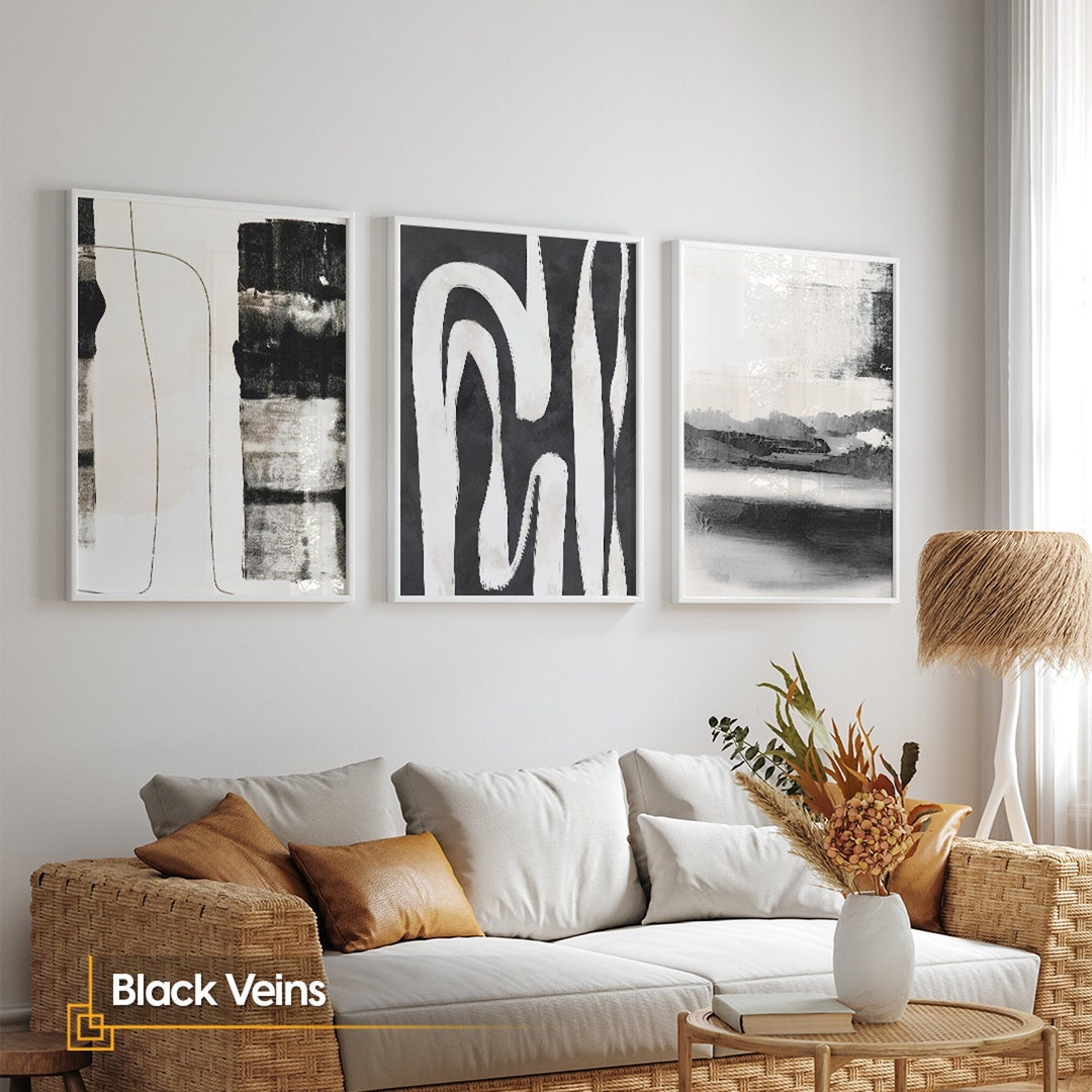 FRAMED Black and White Abstract Wall Art Print Set of 3 Abstract Art ...