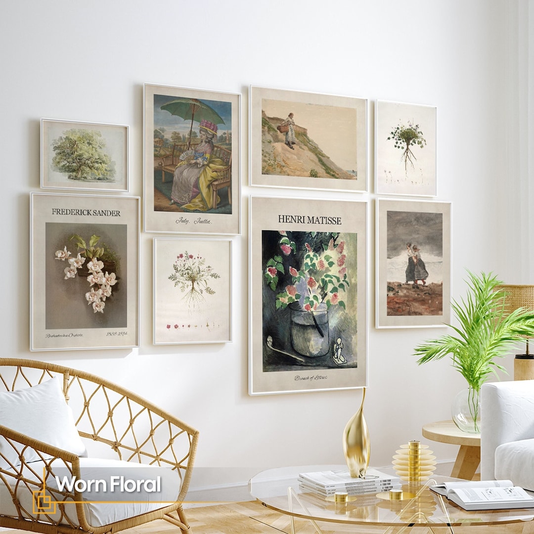 Vintage Gallery Wall Art Set of 8 Eclectic FRAMED Wall Art Floral ...