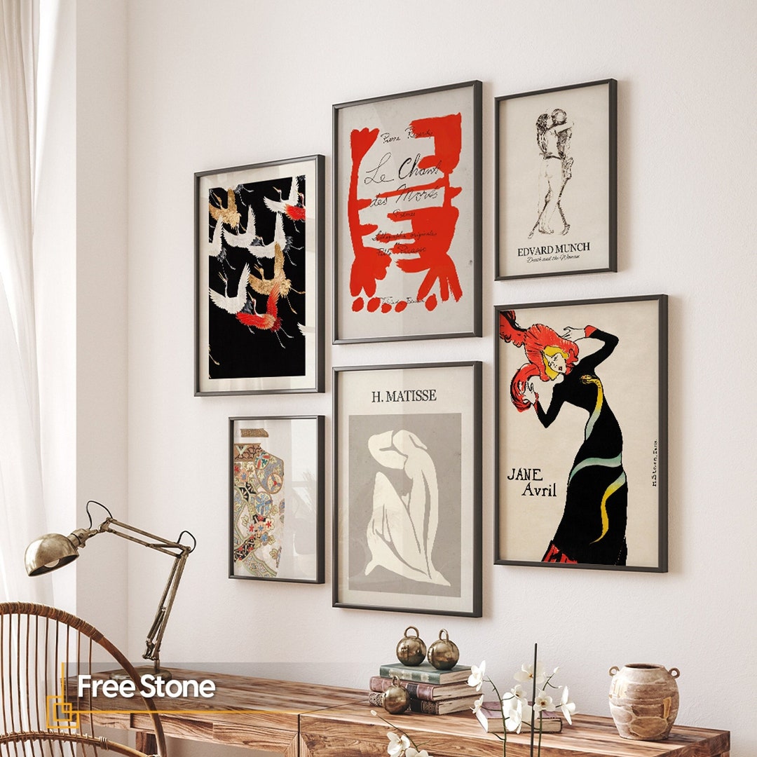Framed Retro Wall Art Set of 6, Vintage Gallery Art Nouveau Prints ...