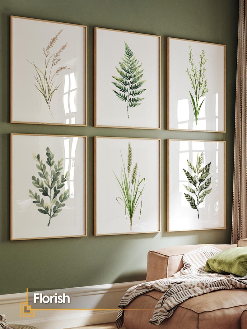 Set of 6 Framed Botanical Watercolor Prints, Eucalyptus Fern Wall Art ...