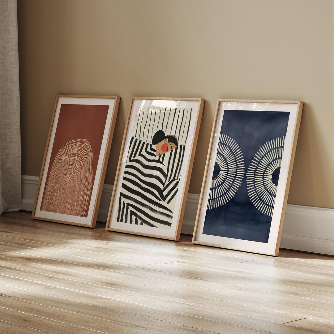 Curated Above Bed Wall Art Set of 3, Premade Terracotta Navy Blue Art ...
