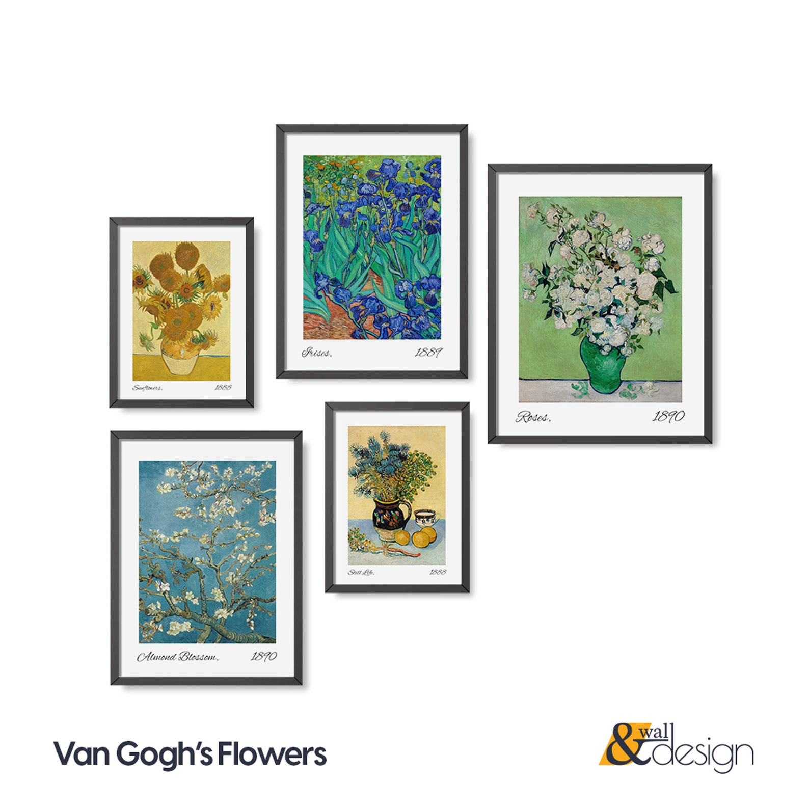 Van Gogh Wall Art Set Framed: Blue Floral Gallery Wall Poster Prints ...