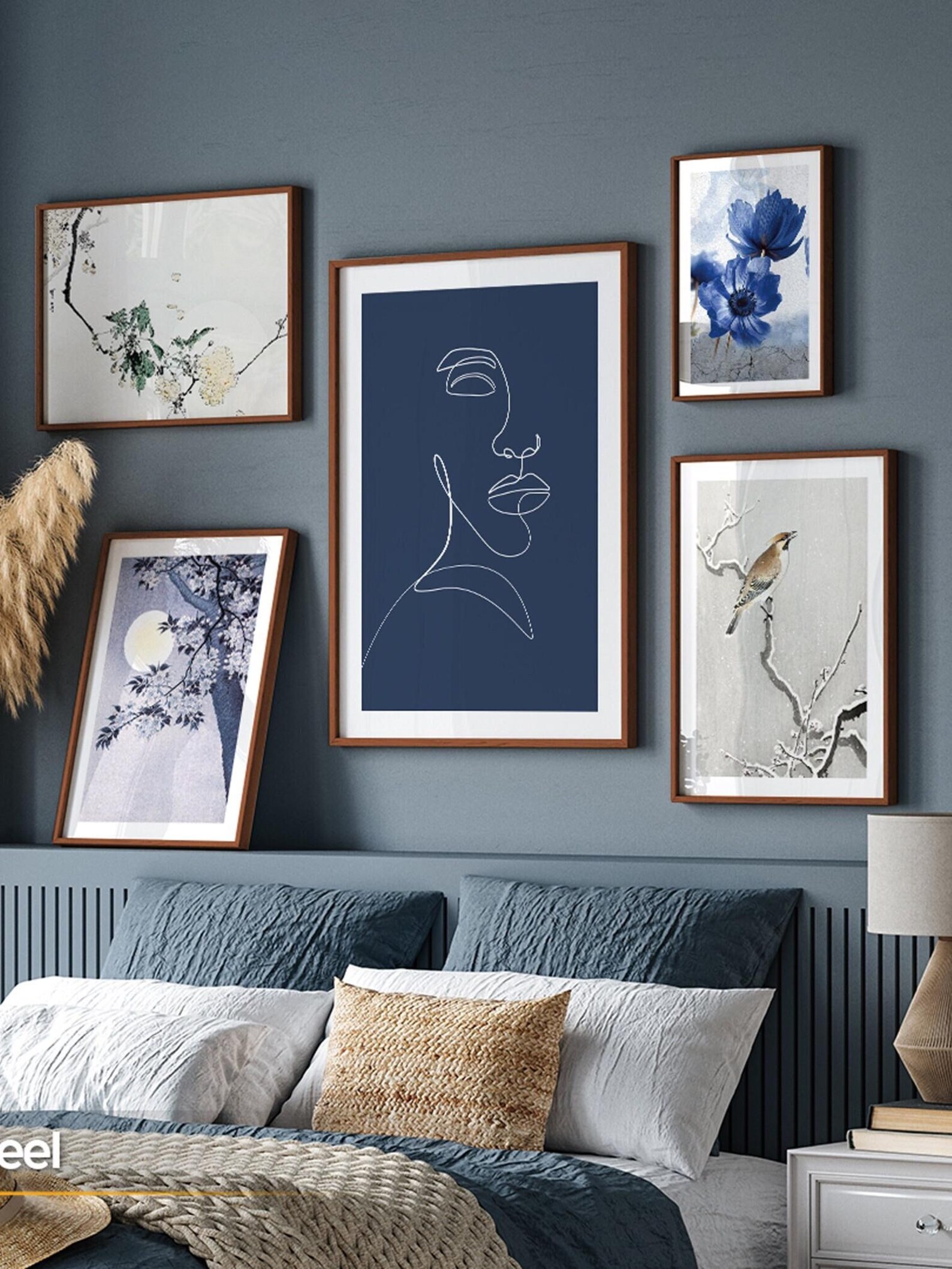 Blue Wall Art Set Framed, Minimalist Art Prints Bundle for Bedroom Wall ...
