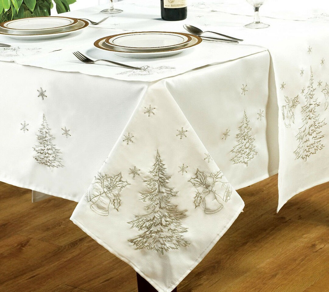 Embroidered Festive Fir Trees White Silver Christmas Tablecloths Table ...