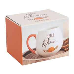 Hello Autumn Fall Orange Halloween Pumpkin Leaves Round Tea Coffee Mug ...