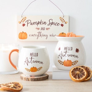 Hello Autumn Fall Orange Halloween Pumpkin Leaves Round Tea Coffee Mug ...
