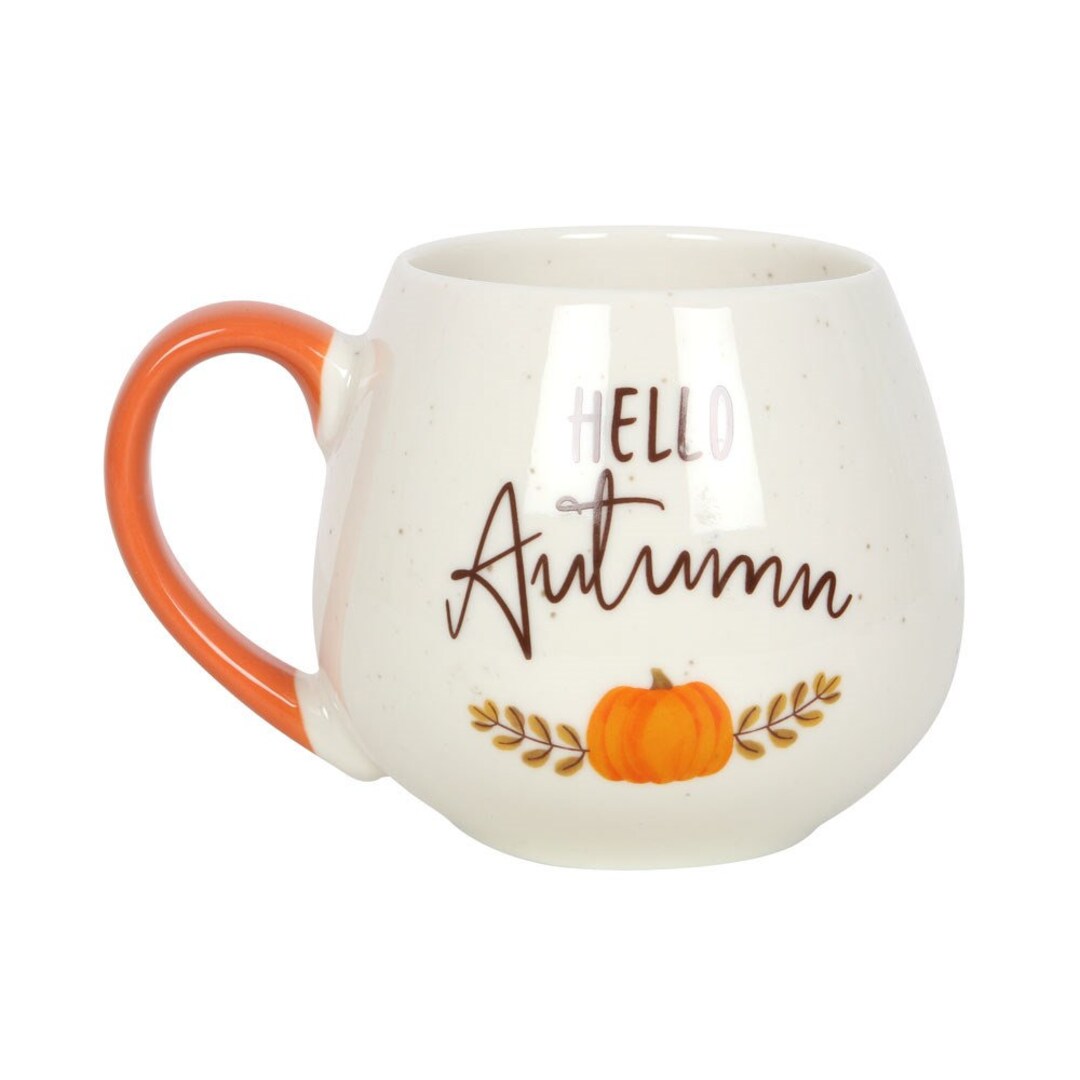 Hello Autumn Fall Orange Halloween Pumpkin Leaves Round Tea Coffee Mug ...