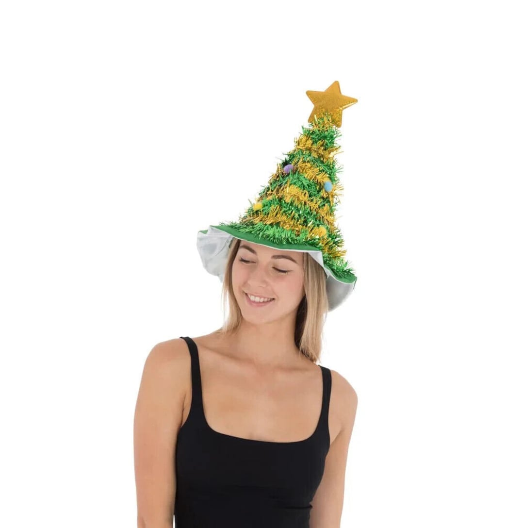 Adults Tall Green and Gold Christmas Tree Tinsel Fancy Dress Party Hat ...