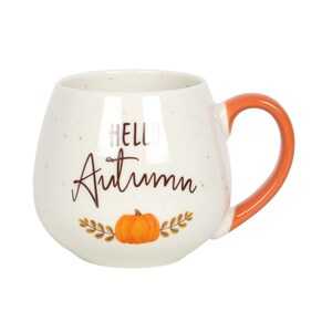 Hello Autumn Fall Orange Halloween Pumpkin Leaves Round Tea Coffee Mug ...