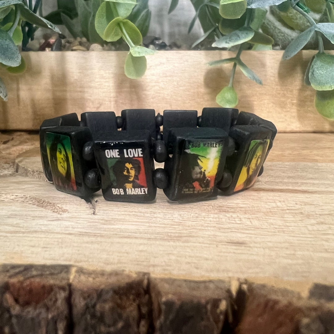 Bob Marley Black One Love Peace Unity Wooden Bead Stretchy Bracelet ...
