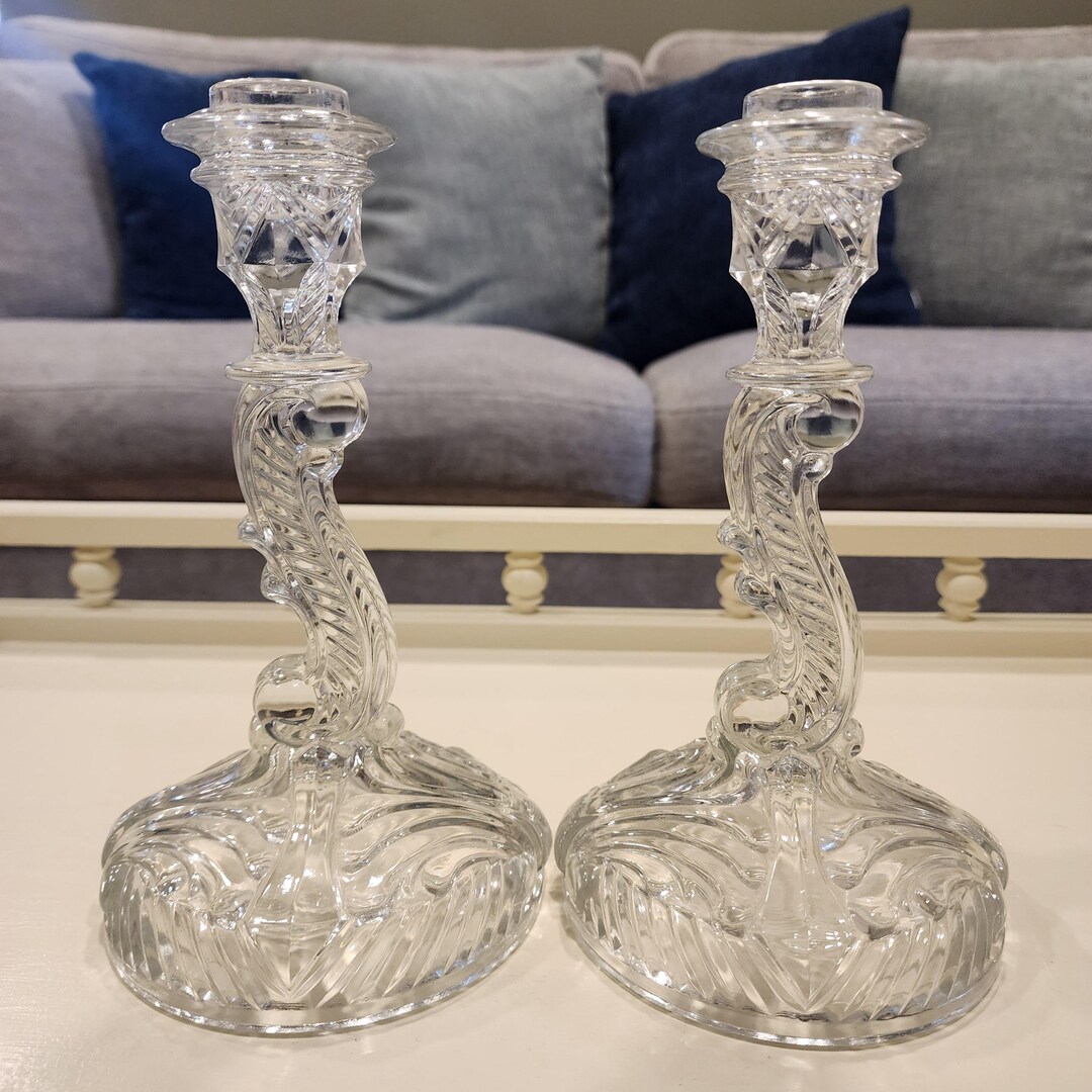 Pair of Indiana Glass Taper Candle Holders, Swirl and Fan Elegant Clear ...