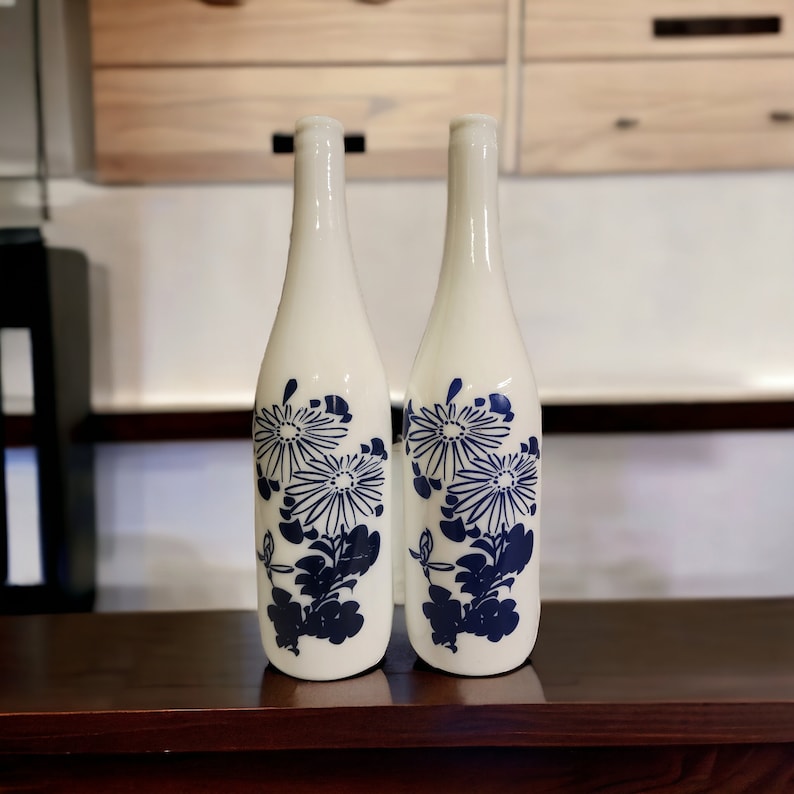 Two Vintage Kiku-masamune Sake Milk Glass White Japanese Bottle Blue ...