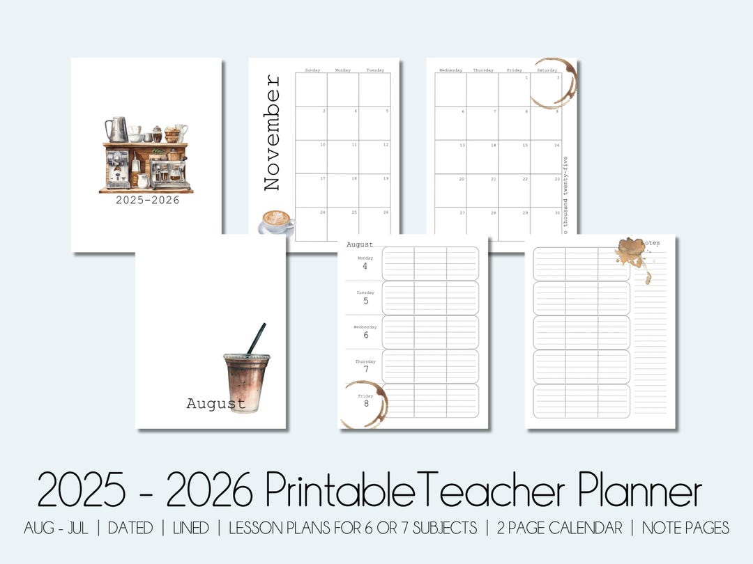 2025 - 2026 Printable Teacher Planner, Coffee Themed Teacher Planner ...