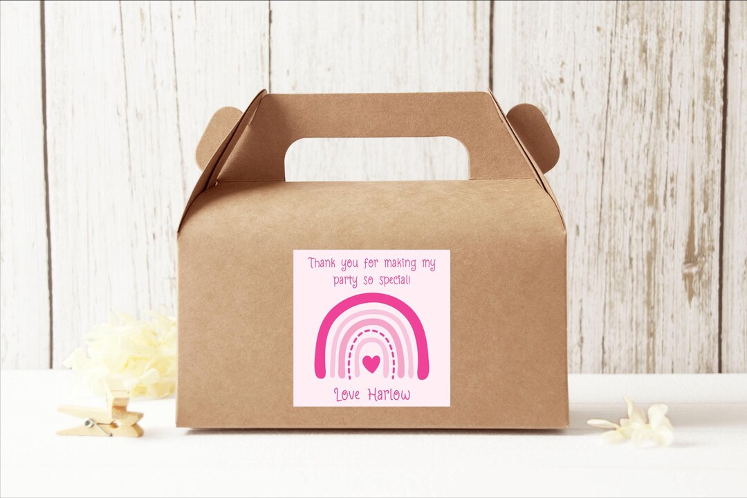Girls Rainbow Birthday Stickers, Pink Rainbow Labels, Square Thank You ...