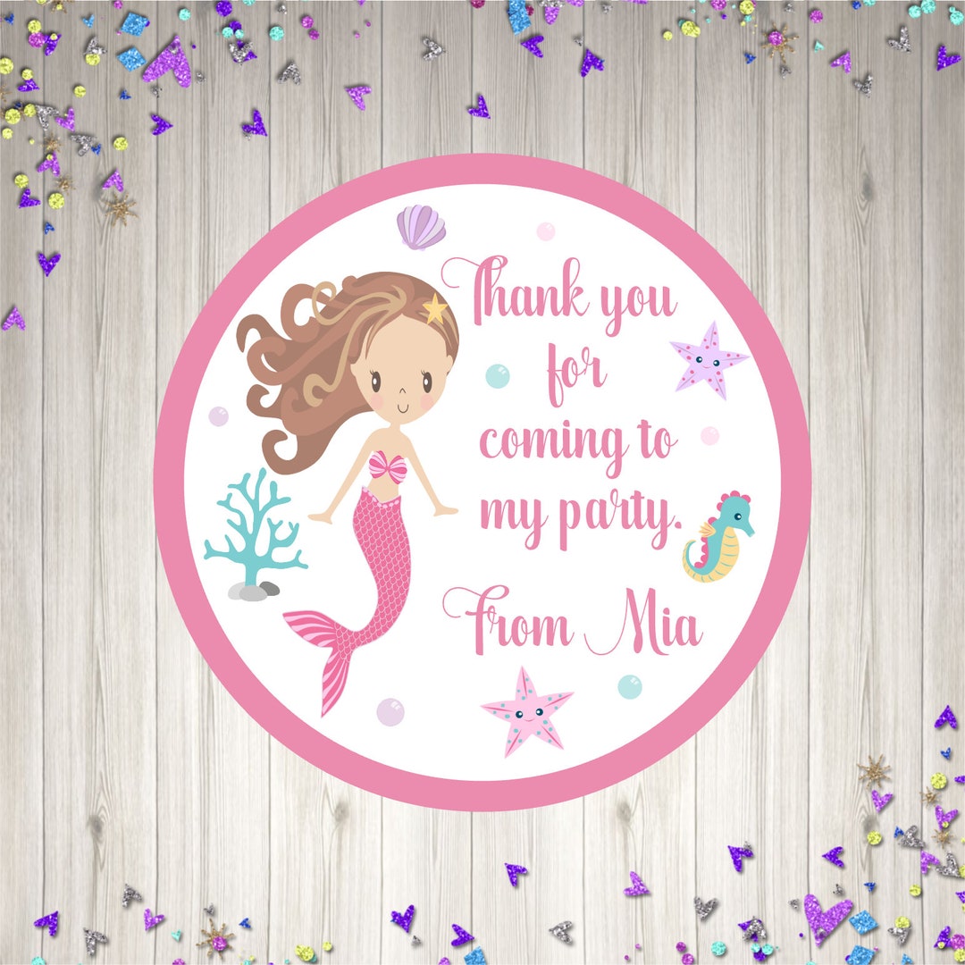 Girls Mermaid Birthday Stickers, Pink Mermaid Sticker, Thank You ...