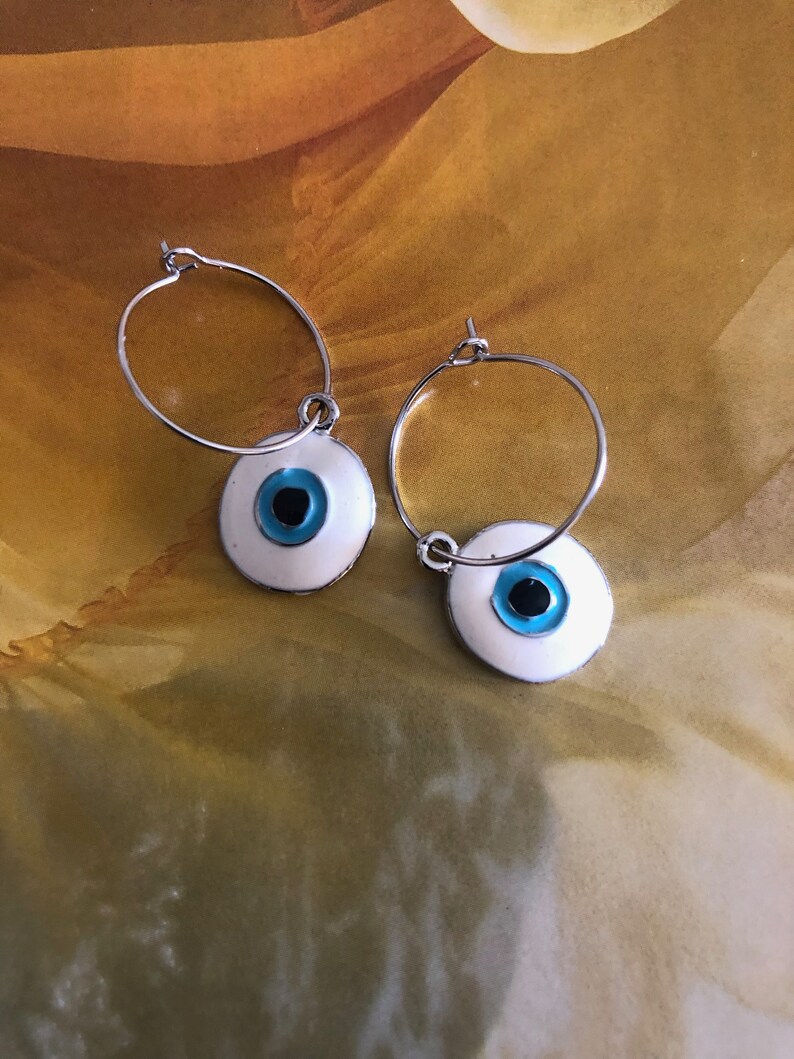 White & Blue Evil Eye Disc Hoops Silver Hoop Greek Eye - Etsy