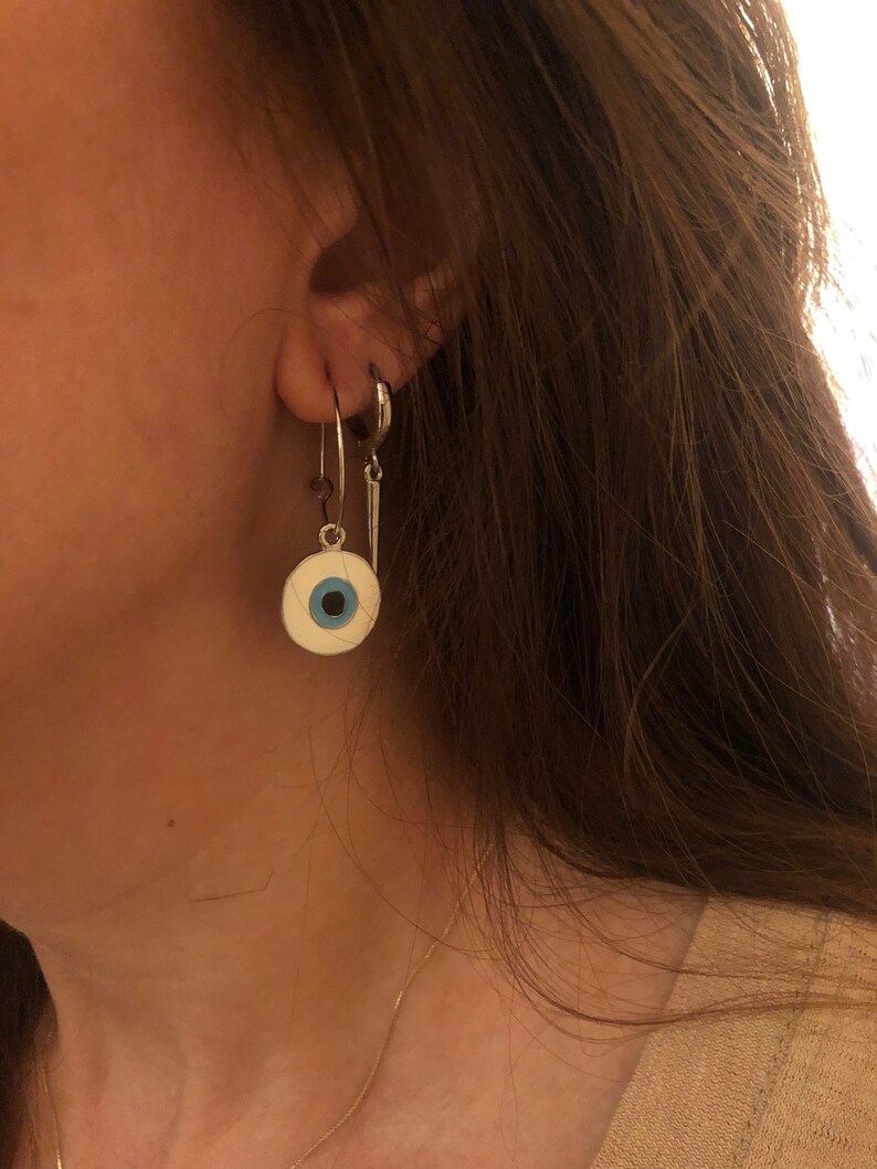 White & Blue Evil Eye Disc Hoops Silver Hoop Greek Eye - Etsy