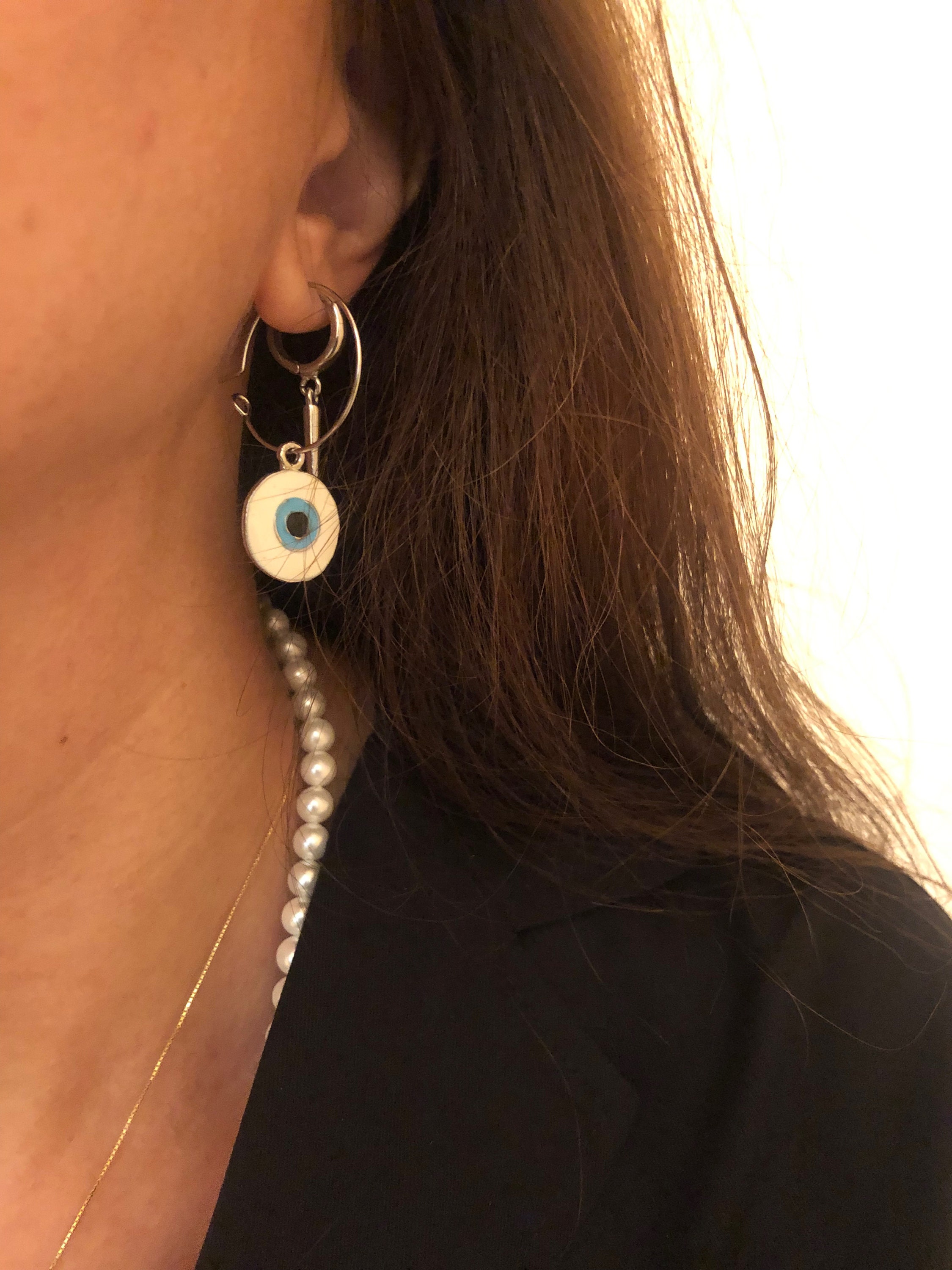 White & Blue Evil Eye Disc Hoops Silver Hoop Greek Eye - Etsy