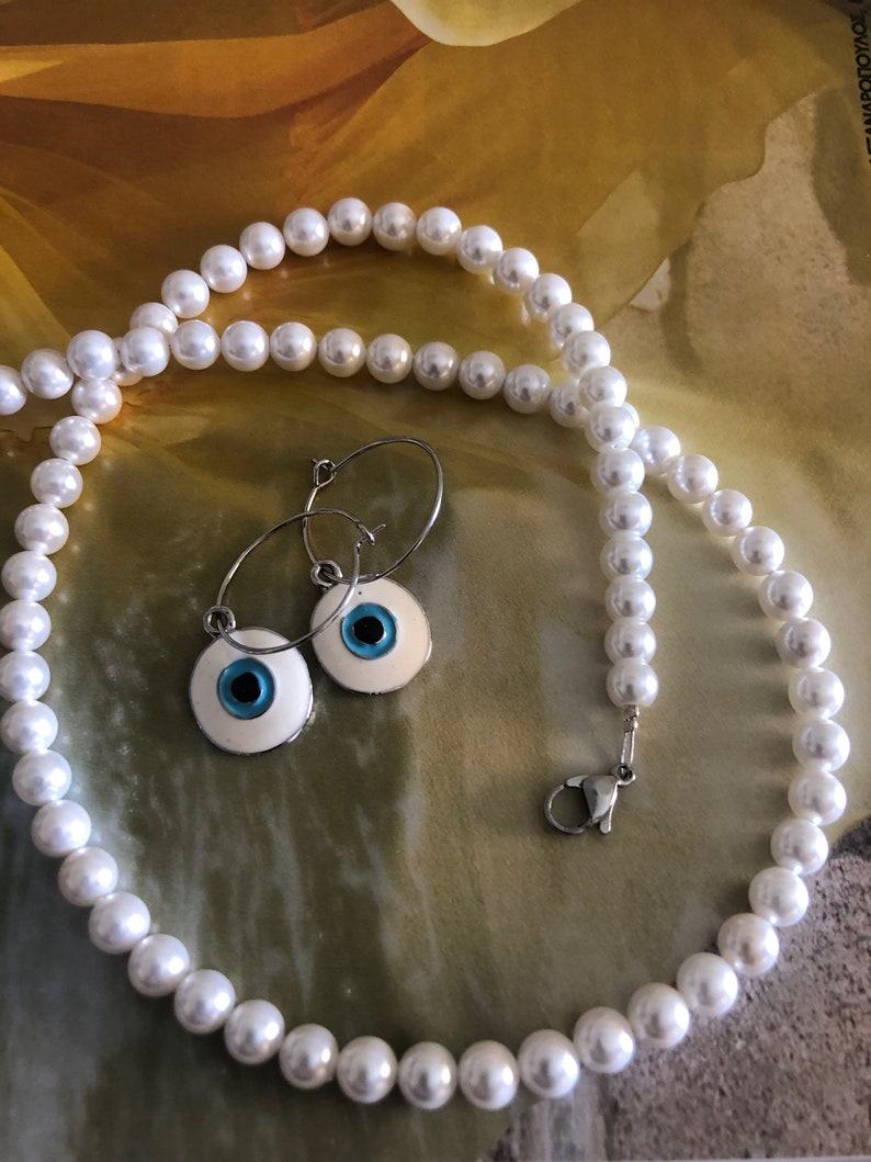 White & Blue Evil Eye Disc Hoops Silver Hoop Greek Eye - Etsy