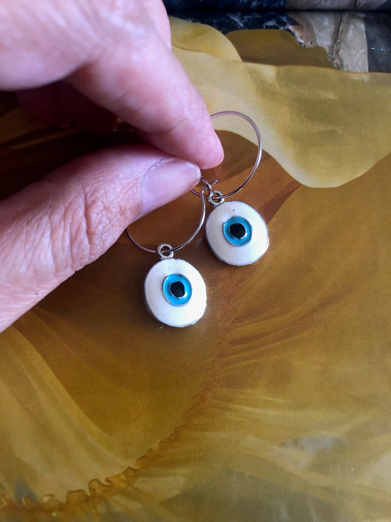 White & Blue Evil Eye Disc Hoops Silver Hoop Greek Eye - Etsy