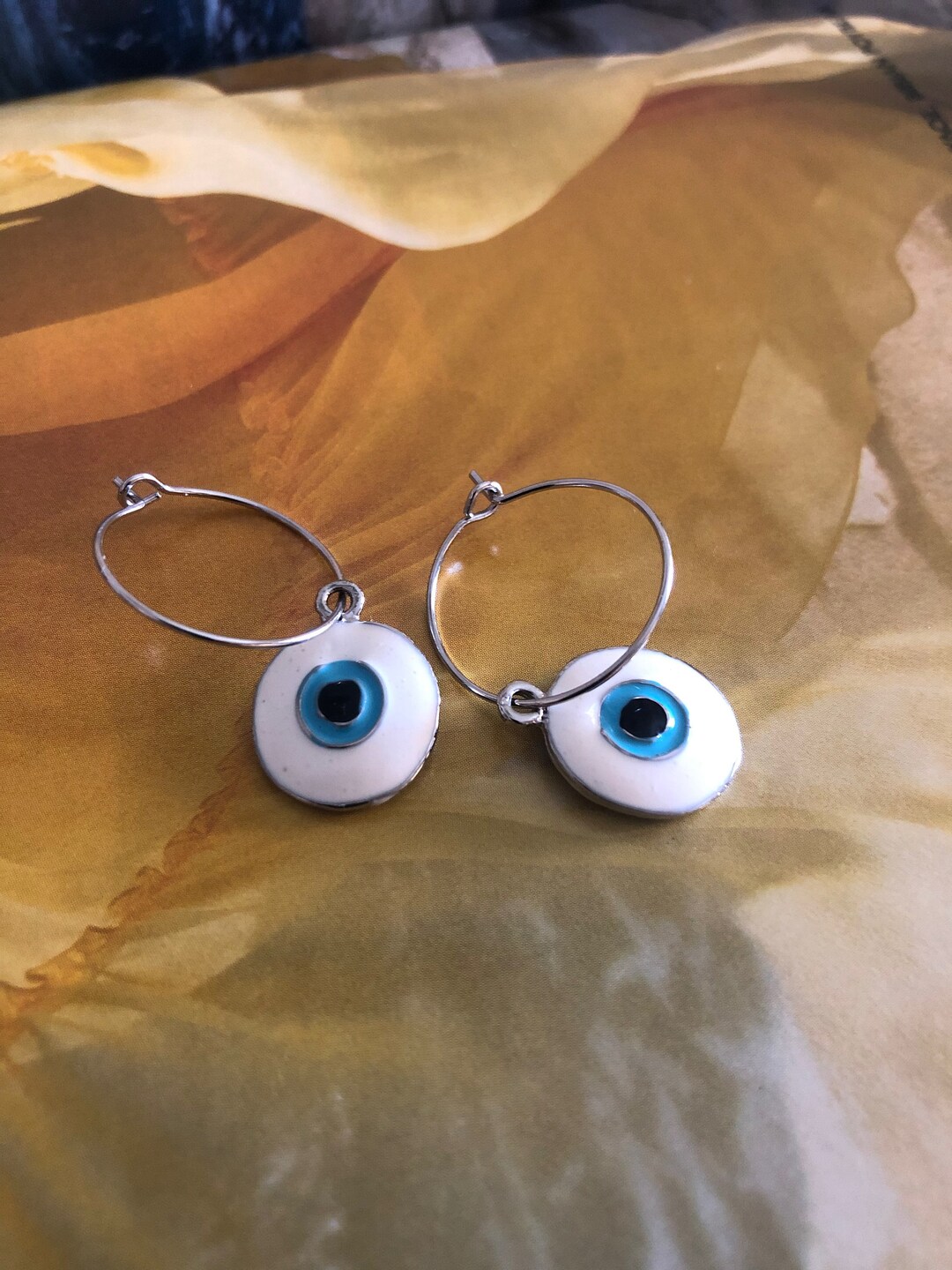 White & Blue Evil Eye Disc Hoops Silver Hoop Greek Eye - Etsy