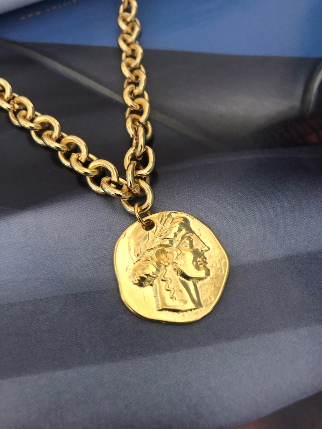 Gold Ancient Greek Coin Necklace, Thick Chunky Chain Medallion Jewel ...