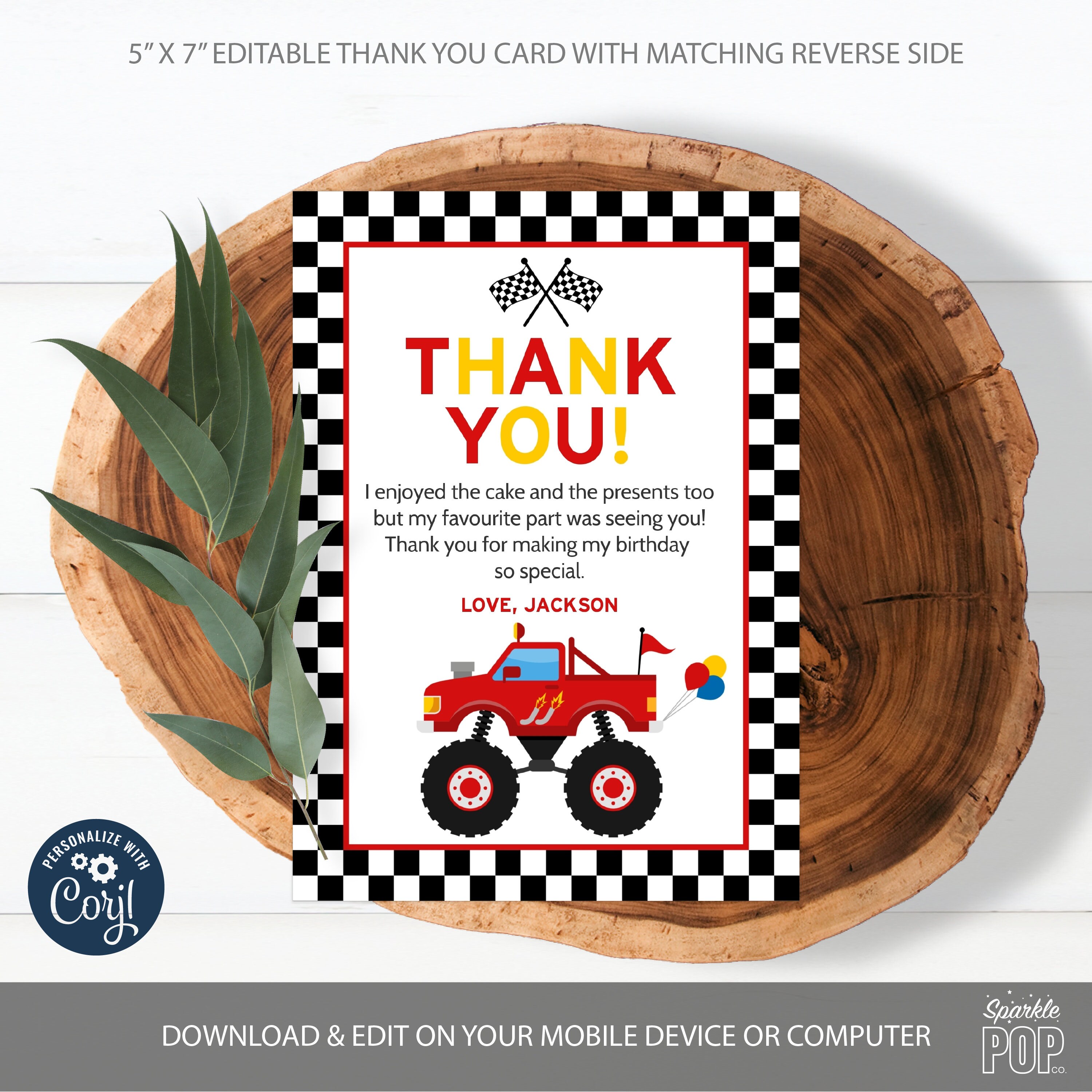 EDITABLE Monster Truck Thank You Card Monster Truck Note Card INSTANT ...