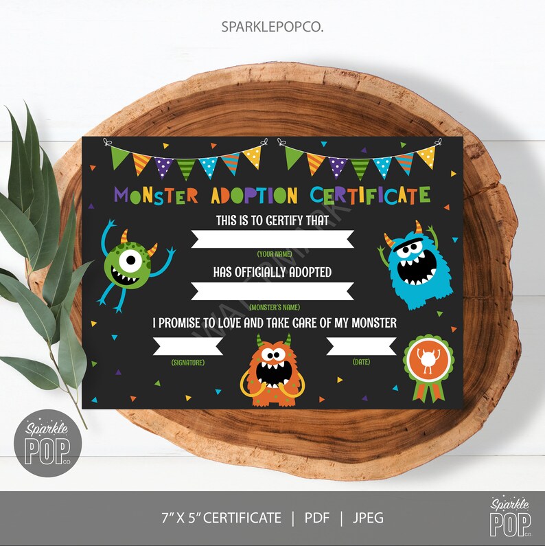Adopt a Monster Certificate and Sign Monster Monster Birthday Party ...