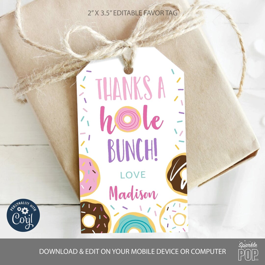 Donut Favor Tags, Editable Donut Birthday Party, Thank You Gift Tag ...