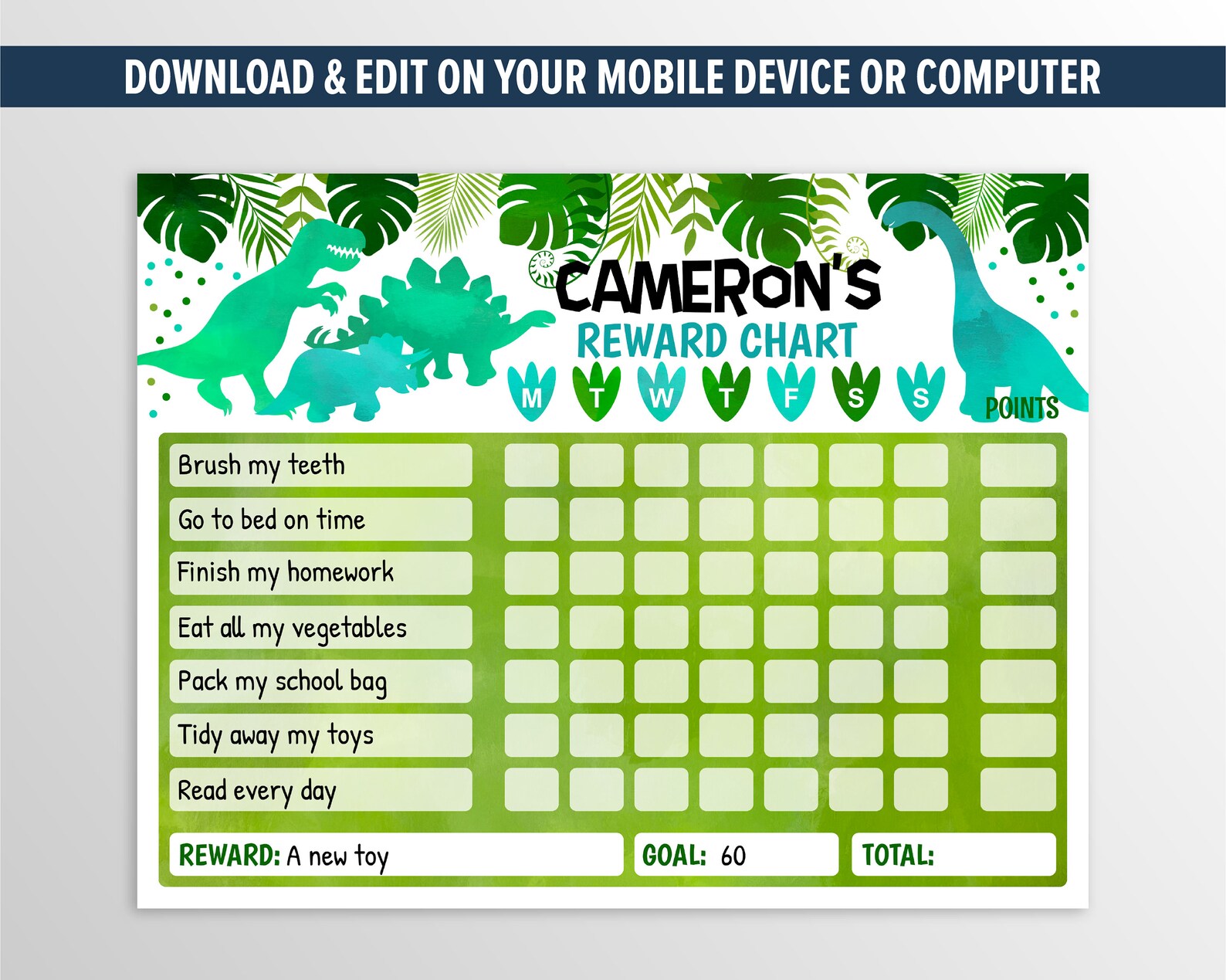 Editable Dinosaur Reward Chart, T-rex Routine Chart, Kids Chore Chart ...