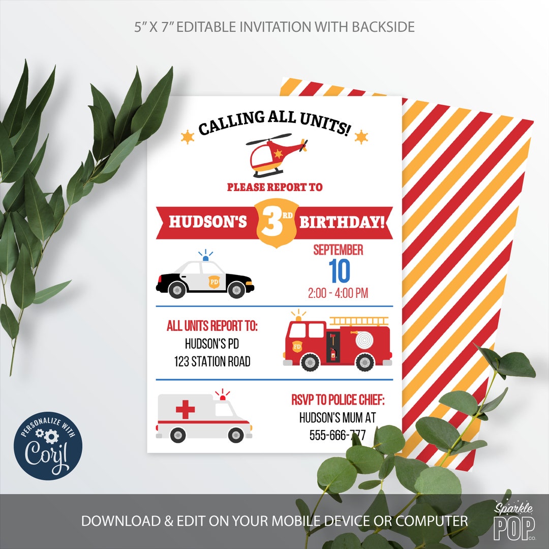 Emergency Vehicles Invitation, Police Car, Fire Truck, Ambulance ...