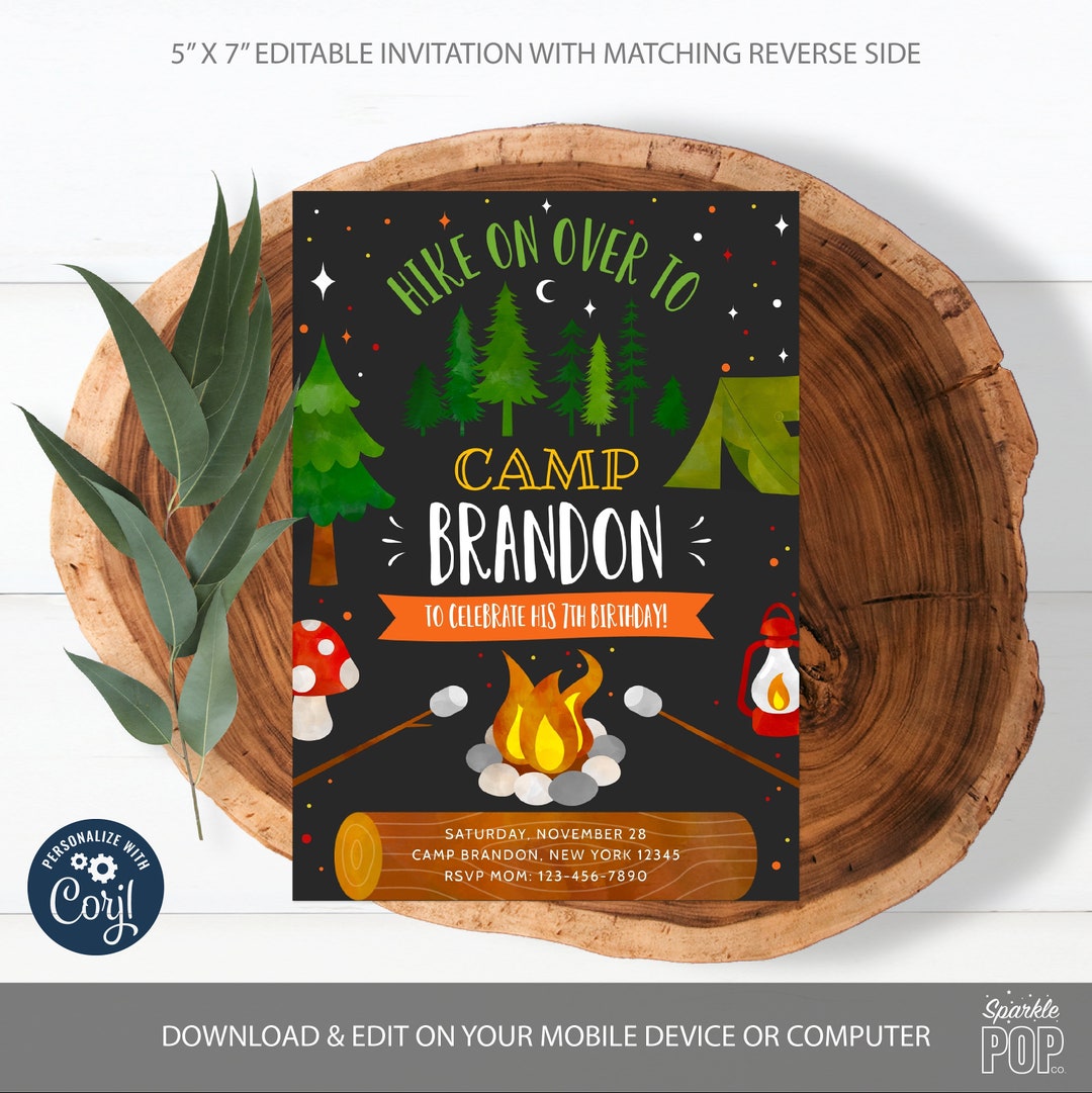 EDITABLE Camping Birthday Invitation Campfire Tent Camp Out Birthday ...