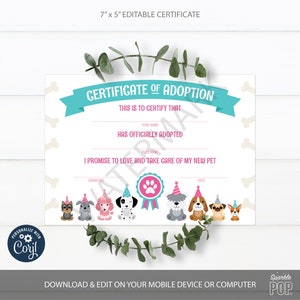 Puppy Birthday Party, Adopt a Pet Sign, Pet Adoption Certificate, 10 ...