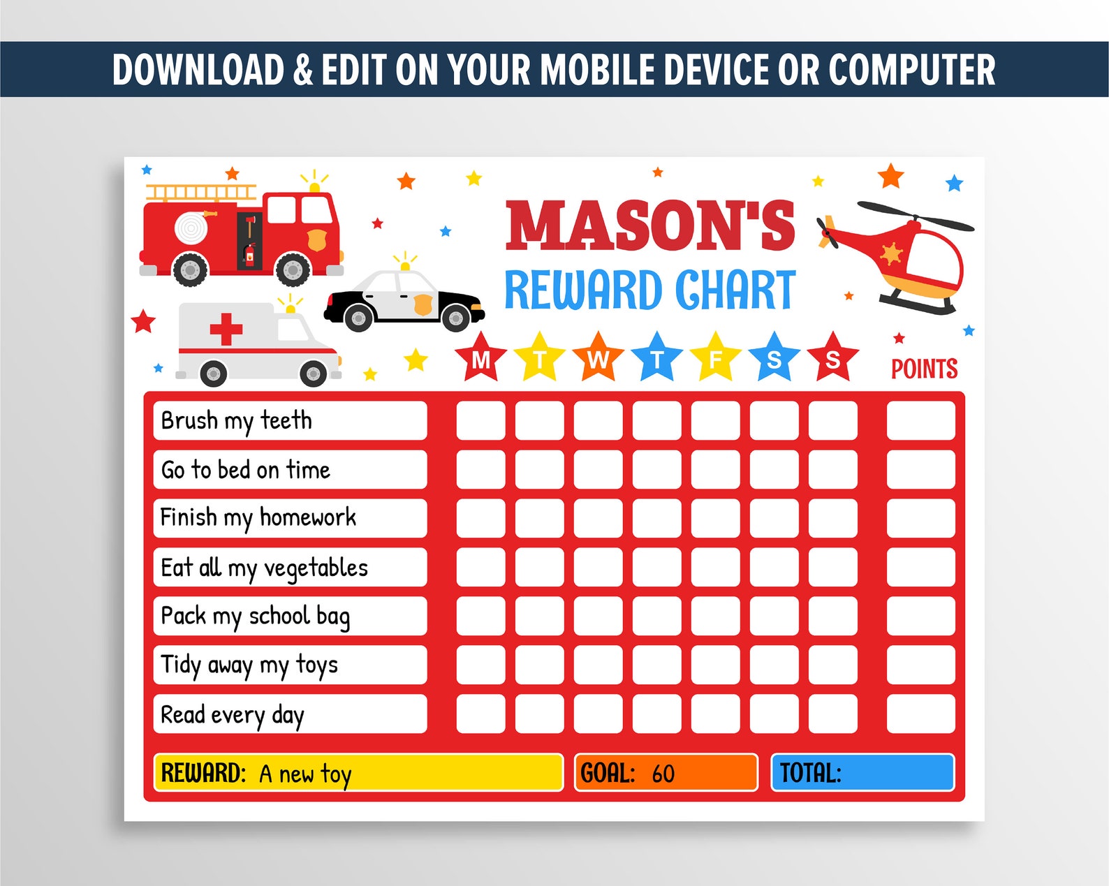 Editable Emergency Vehicles Reward Chart, Fire Truck Routine Chart ...