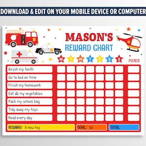 Editable Emergency Vehicles Reward Chart, Fire Truck Routine Chart ...