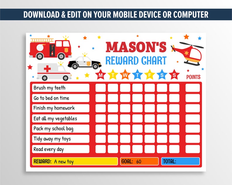 Editable Emergency Vehicles Reward Chart, Fire Truck Routine Chart ...