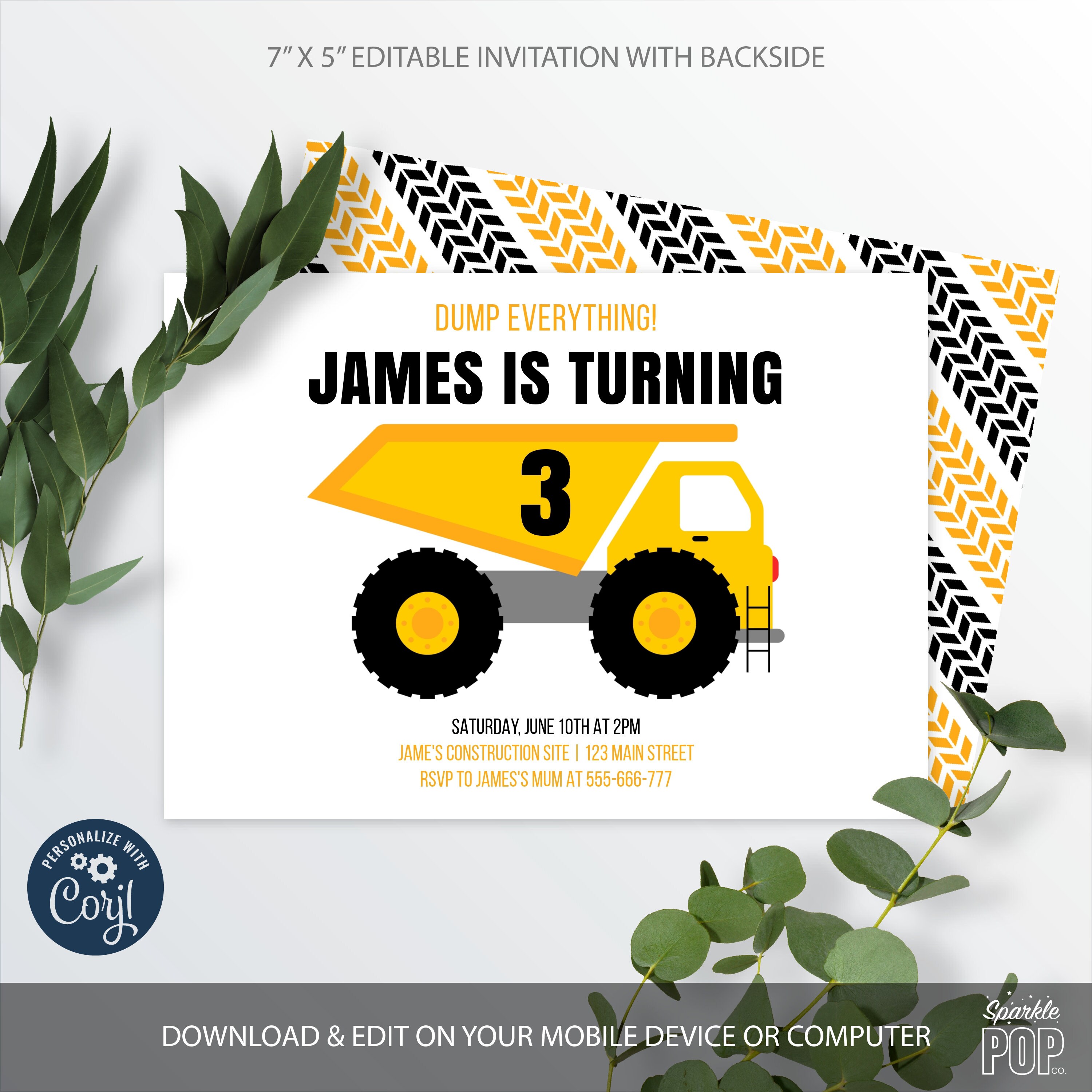 Construction Party Invitation, Editable Dumper Truck Invite, INSTANT ...
