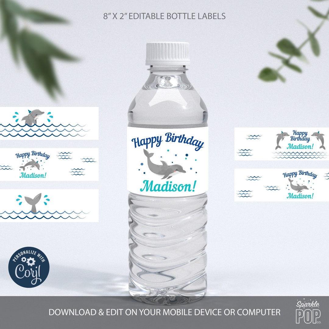 Dolphin Water Bottle Labels Under the Sea Birthday Party Bottle Wraps ...