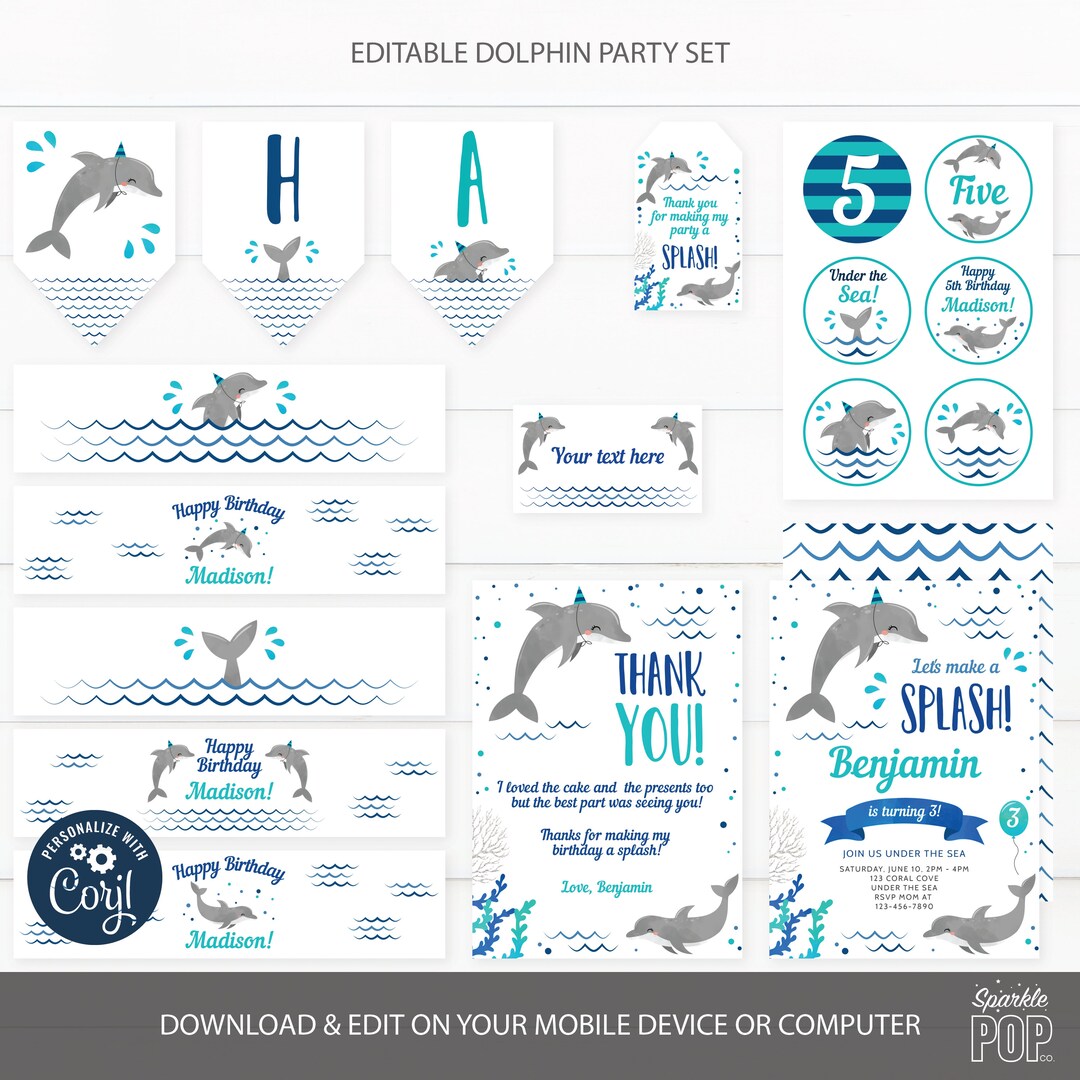Editable Dolphin Invitation and Decorations Set, Dolphin Favor Tags ...