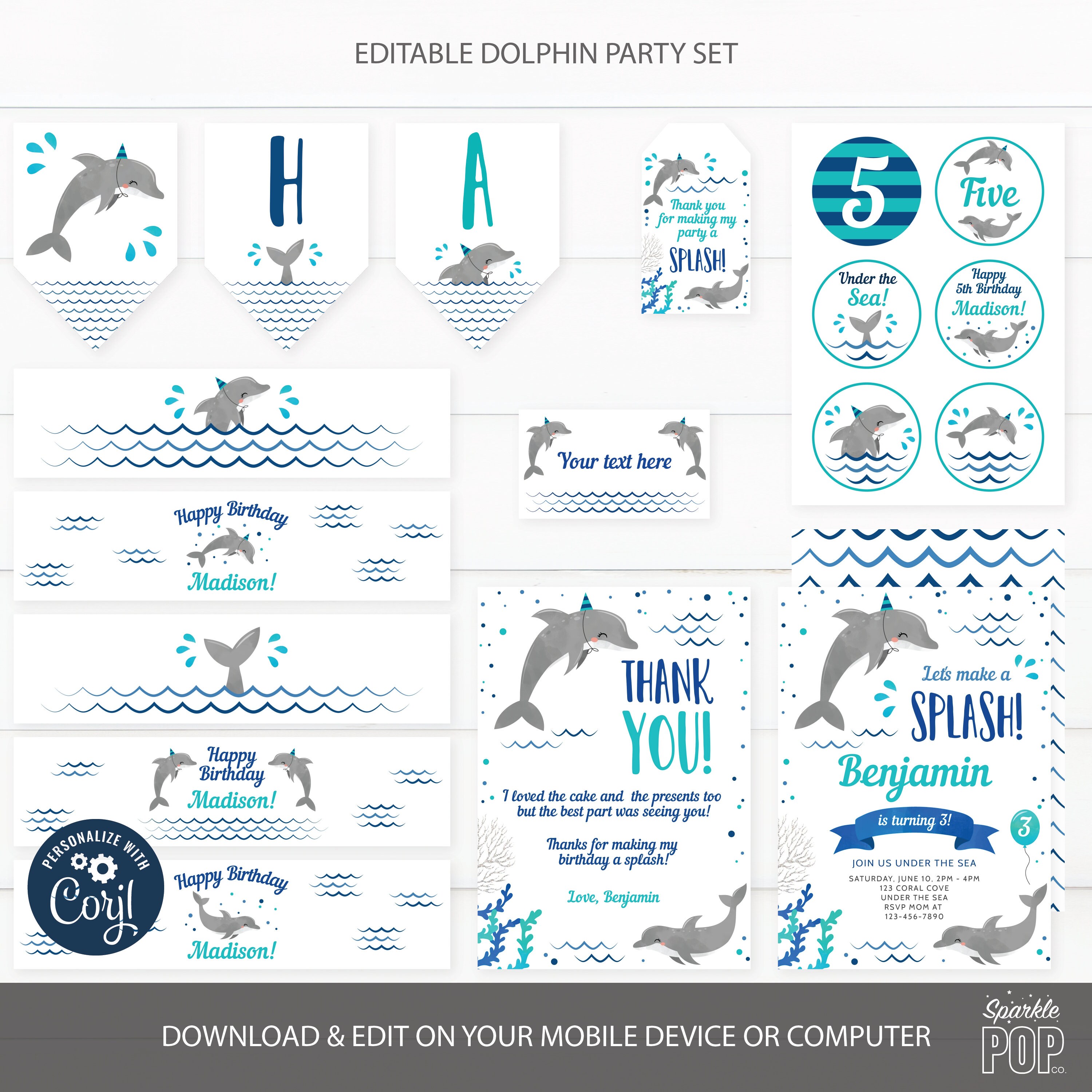 Editable Dolphin Invitation and Decorations Set Dolphin Favor | Etsy