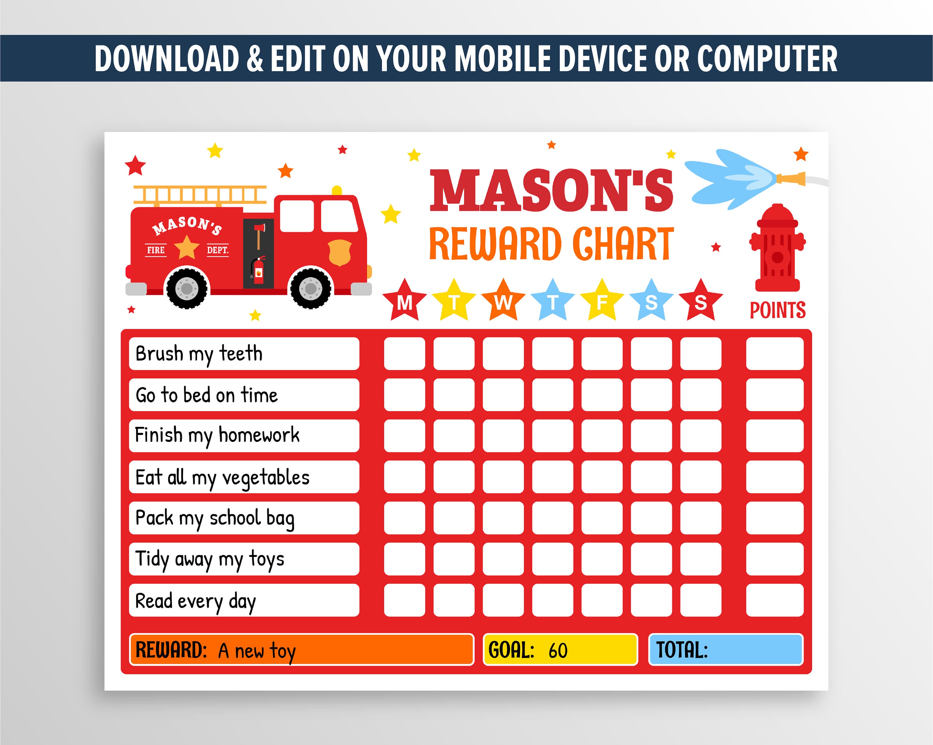 Editable Firetruck Reward Chart Fire Truck Routine Chart - Etsy