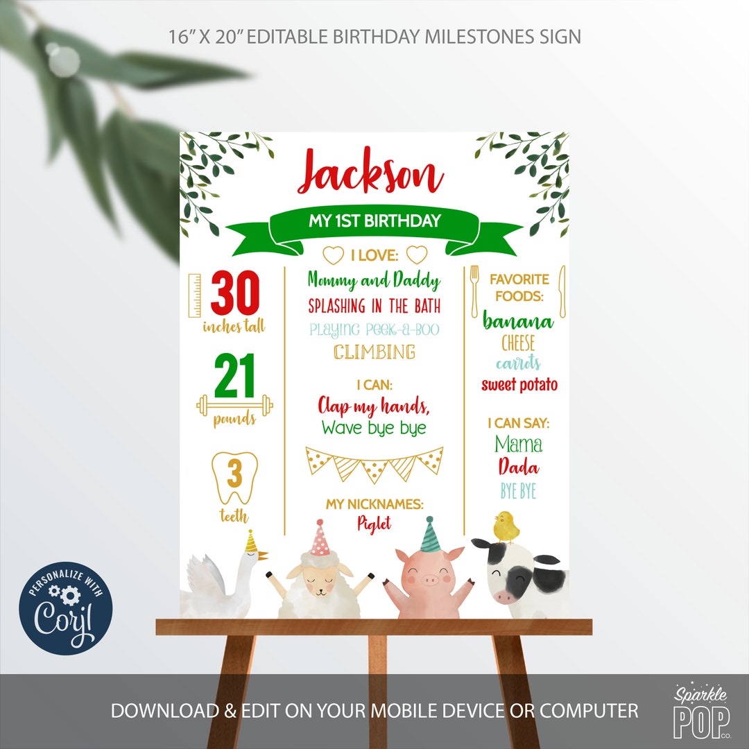 Editable Farm Animals Birthday Milestones Sign, Barnyard Party ...