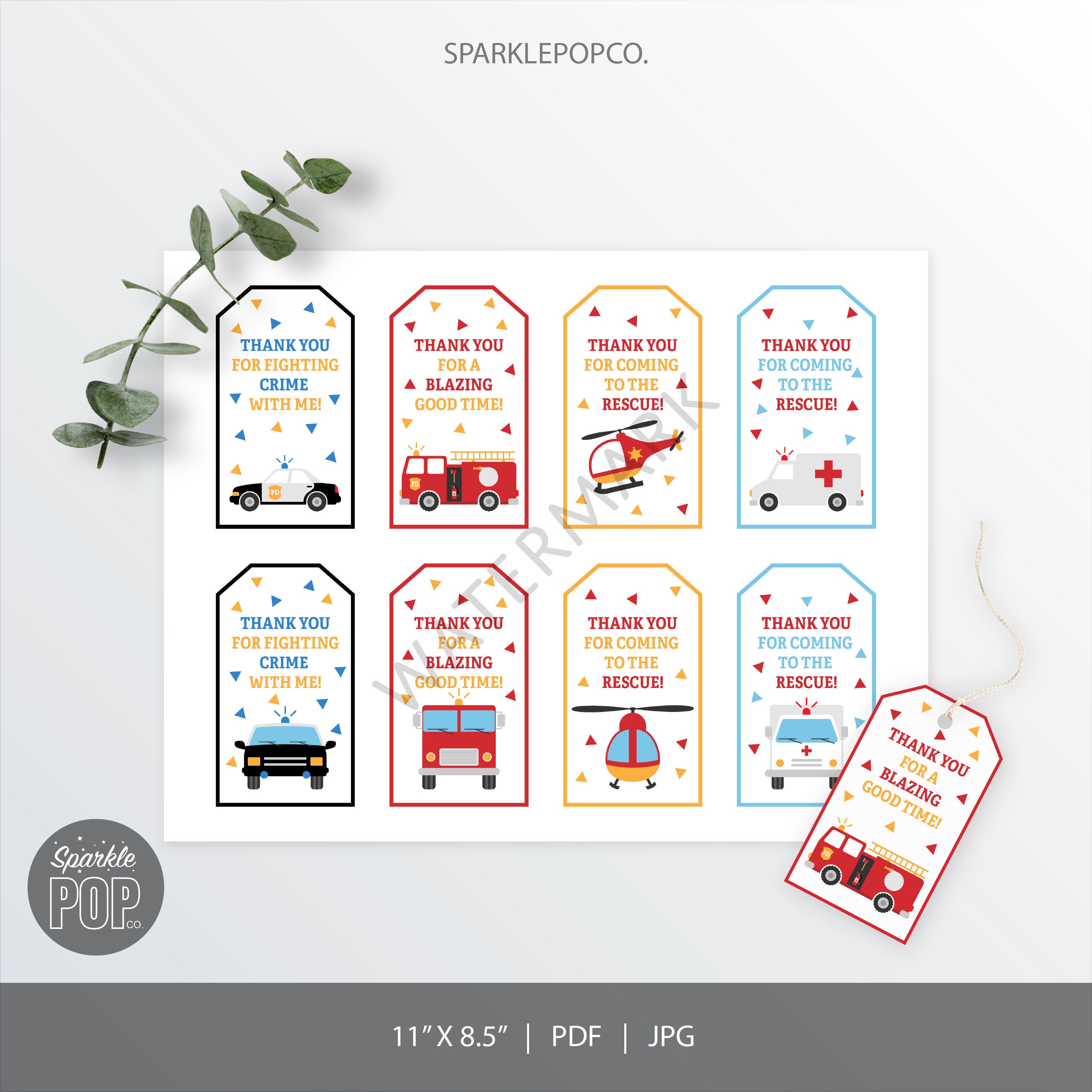 Police Favor Tags, Printable Emergency Vehicle Tags, Fire Truck ...